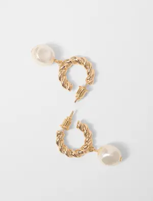 Maje Twisted Bead Hoop Earrings With Dangling Pearl - Golden