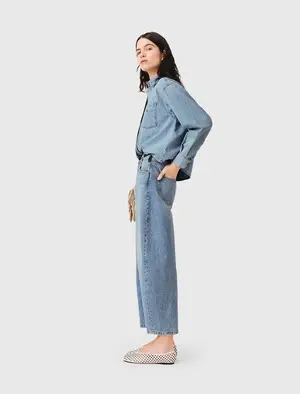 Maje Cropped Denim Shirt With Metallic Logo Detail