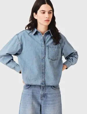 Maje Cropped Denim Shirt With Metallic Logo Detail