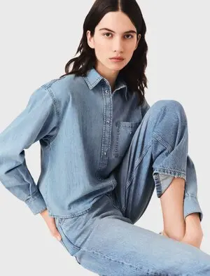 Maje Cropped Denim Shirt With Metallic Logo Detail