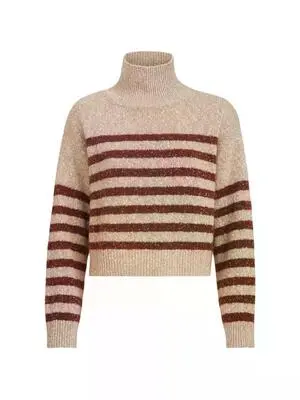 Brunello Cucinelli Soft Virgin Wool And Cashmere Turtleneck Sweater With Sequined Stripes - Neutrals