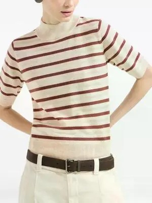 Brunello Cucinelli Virgin Wool, Cashmere, And Silk Knit T-shirt With Sparkling Stripes - Neutrals