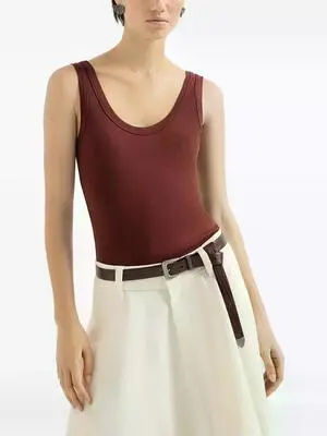 Brunello Cucinelli Ribbed Stretch Cotton Off-the-shoulder Top With Monili Detail - Red