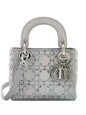 Dior Christian Dior Lady Dior Bag Crystal Embellished Cannage Quilt Satin Mini Satchel Grey