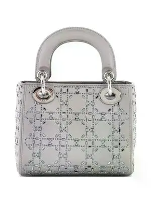 Dior Lady Bag Crystal Embellished Cannage Quilt Satin Mini Satchel - Grey