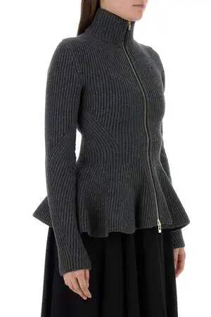 Alaïa Ribbed Virgin Wool And Cashmere Cardigan With Peplum