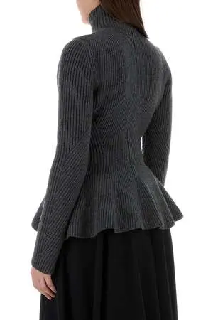 Alaïa Ribbed Virgin Wool And Cashmere Cardigan With Peplum