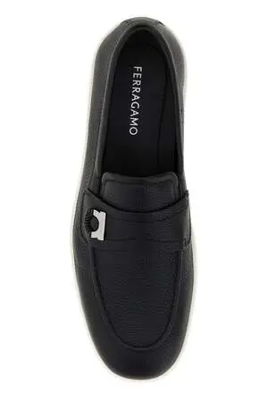 FERRAGAMO Gancini Detail Pebble Calf Leather Loafers - Black