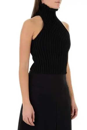 Alaïa Ribbed Viscose Blend Halter Neck Top With Floral Appliques