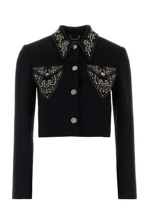 Versace Wool Blend Blazer With Embellished Collar And Pockets