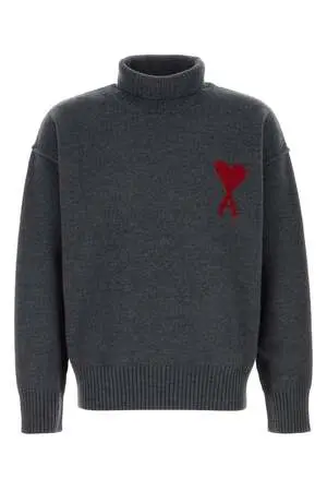 AMI Paris Dark Wool Sweater With Contrasting De Coeur Embroidery