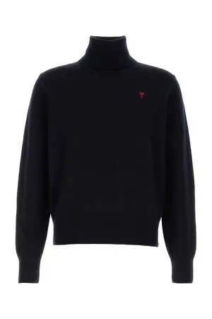 Ami Merino Wool Turtleneck Sweater With De Coeur Embroidery - Blue