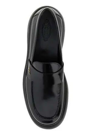 TOD'S Polished Leather Loafers With Metal Lettering Logo