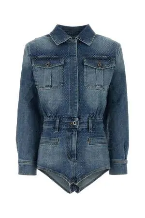 SELF-PORTRAIT Embellished Denim Jumpsuit - Blue