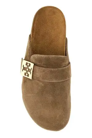 Tory Burch Suede Mellow Slippers With Metal Logo Detail - Light Brown
