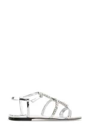 JIMMY CHOO Silver Leather Gwyn Sandals With Rhinestones