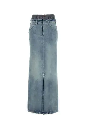 MAISON MARGIELA Long Denim Skirt With Distressed Trimmings And Contrast Stitching - Blue