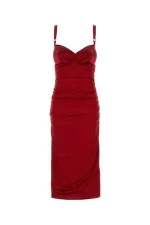 Dolce & Gabbana Draped Satin Sweetheart Neckline Midi Dress - Red