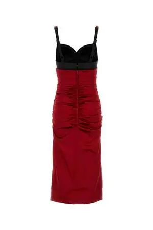 Dolce & Gabbana Draped Satin Sweetheart Neckline Midi Dress - Red