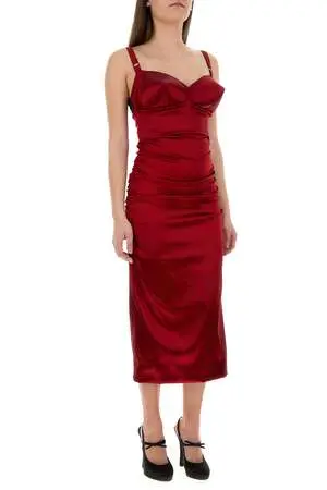 Dolce & Gabbana Draped Satin Sweetheart Neckline Midi Dress - Red