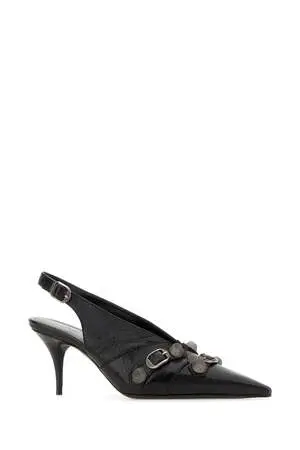 Balenciaga Leather Cagole Slingback Pumps With Studs And Buckles - Black