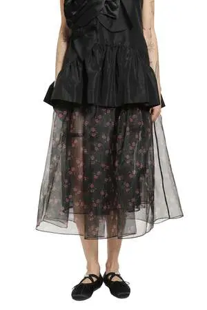 Simone Rocha Sheer Floral Embroidered Flounce Skirt