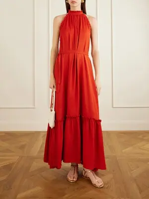 Giuliva Heritage Silk Maxi Dress With Ruffled High Neck - Red