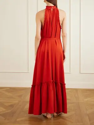 Giuliva Heritage Silk Maxi Dress With Ruffled High Neck - Red