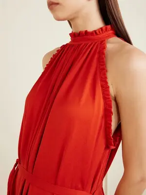 Giuliva Heritage Silk Maxi Dress With Ruffled High Neck - Red