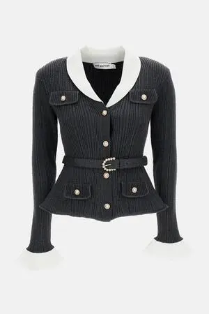 SELF-PORTRAIT Ribbed-Knit Cardigan With Contrasting Details Grigio
