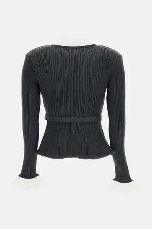 SELF-PORTRAIT Ribbed-knit Cardigan With Contrasting Details - Grigio