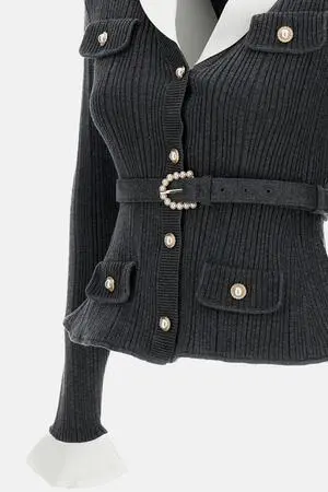 SELF-PORTRAIT Ribbed-knit Cardigan With Contrasting Details - Grigio