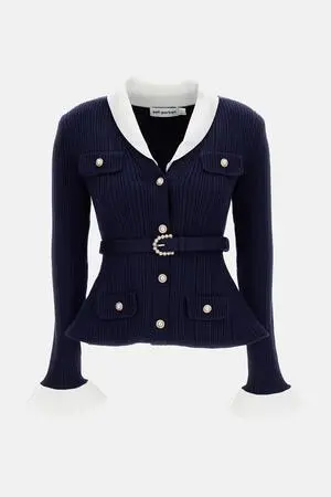 SELF-PORTRAIT Self-Portrait Rib-Knit Cardigan With Pearl Buckle Belt Blu