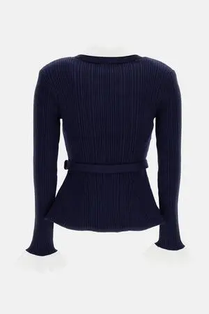 SELF-PORTRAIT Rib-knit Cardigan With Pearl Buckle Belt - Blu