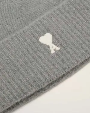 AMI Paris Logo Embroidered Ribbed Beanie - Gray