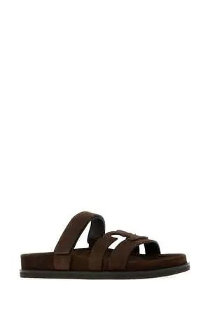 Tory Burch Suede Slippers With Logo Detail - Brown