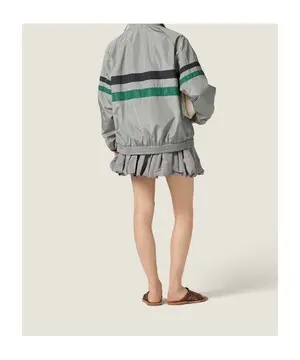 Miu Miu Paneled Zip-up Jacket With Logo Patch - Lead Ash