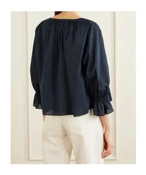 FRAME The Poet Gathered Ruffled-cuff Blouse - Navy