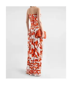Dolce & Gabbana Majolica Print Organza Strapless Maxi Dress - Red