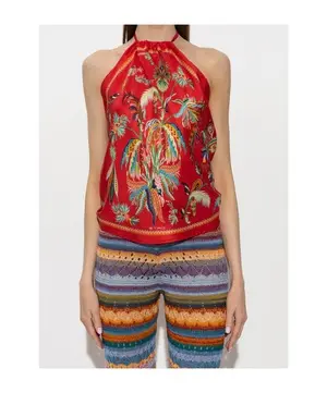 Etro Halterneck Silk Top With Paisley Foliage Motif