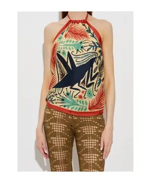 Etro Silk Halterneck Top With Artistic Print And Trim Detail