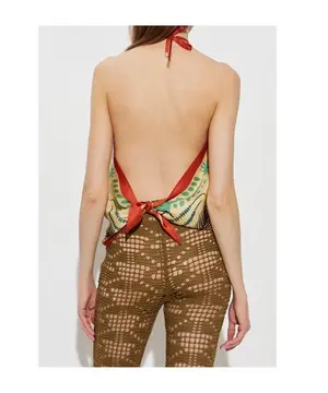 Etro Silk Halterneck Top With Artistic Print And Trim Detail
