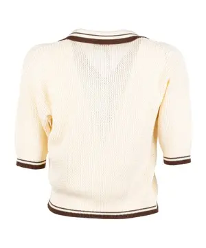 Marella V-neck Striped Knit Polo Collar Top - White