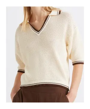 Marella V-neck Striped Knit Polo Collar Top - White