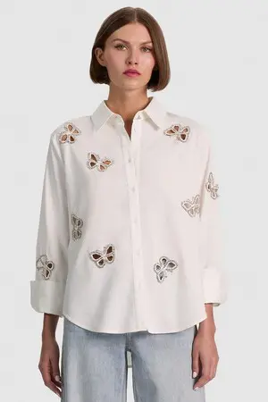 Alice + Olivia Finely Embellished Cutout Button-down Shirt