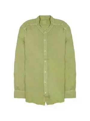 120% Lino Band-collar Long-sleeve Shirt - Green