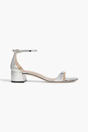 STUART WEITZMAN Mirrored Leather Block Heel Sandals - Silver