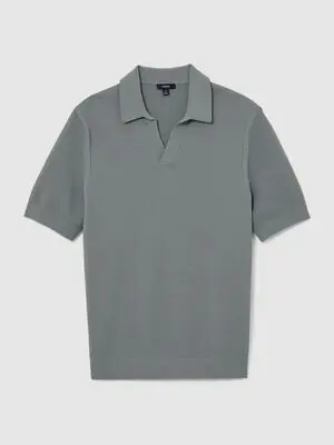 REISS Leon Cotton-blend Basket-stitch Open-collar Polo - Sage
