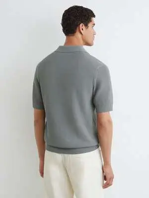 REISS Leon Cotton-blend Basket-stitch Open-collar Polo - Sage