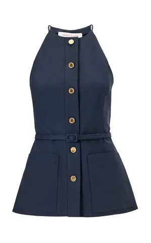 Carolina Herrera Sleeveless Halter Neck Belted Cotton Sateen Top With Gold-tone Buttons - Navy